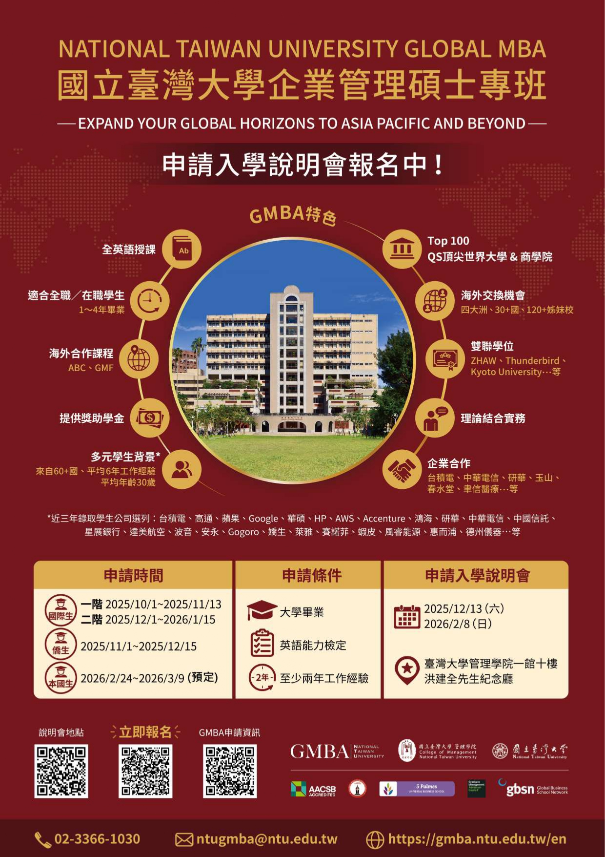 國立臺灣大學企業管理碩士專班（NTU GMBA）申請入學說明會報名中