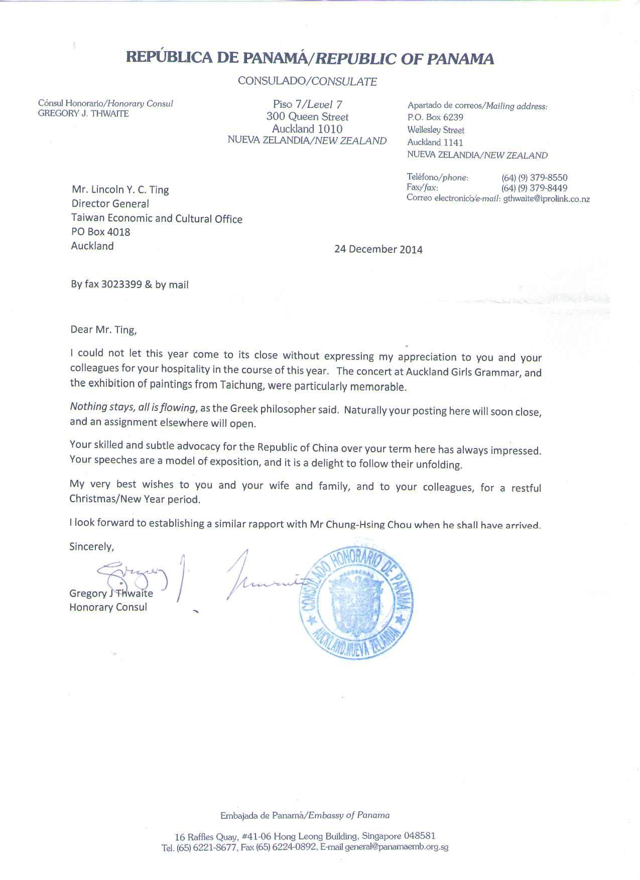 A farewell letter from Gregory J thwaite, Honorary Consul of the ...